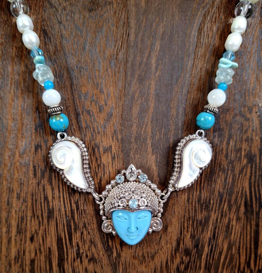 Vintage Sajen Carved Turquoise and Mother of Pearl Goddess Necklace - Etsy