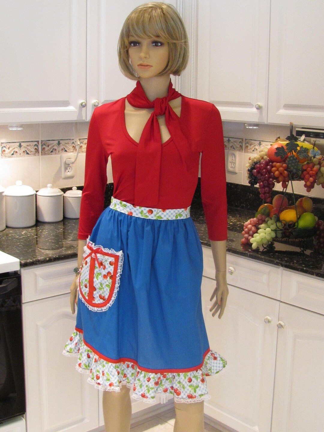 Red Cherry Half Apron: Blue Cotton, Ruffled Hem, Lace Accents - Etsy