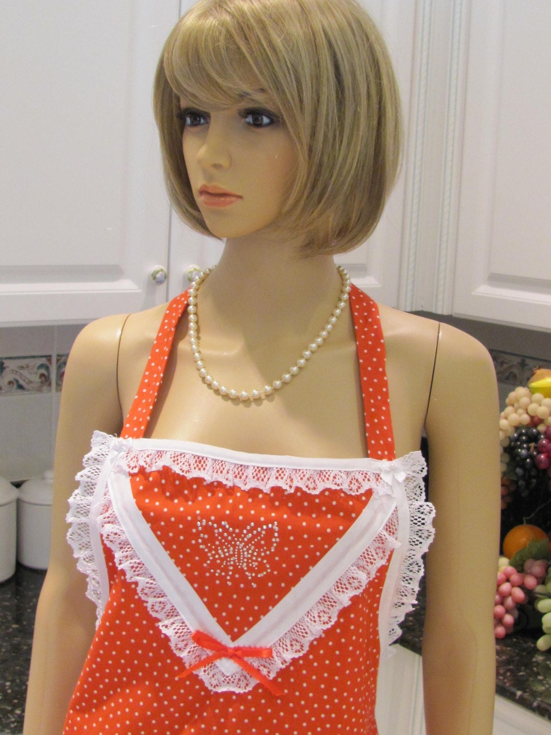 SEXY MODERN APRON, Full Apron , Two Pockets, Lace Trm, White Bias Tape ...