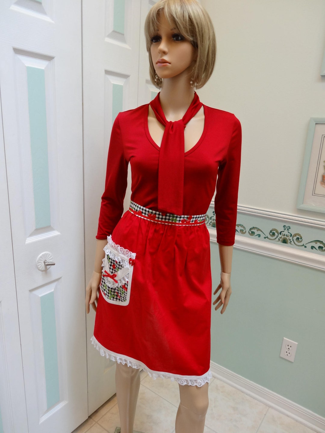 RED HALF APRON, Black and White Check Trim With Red Cherries Motif ...