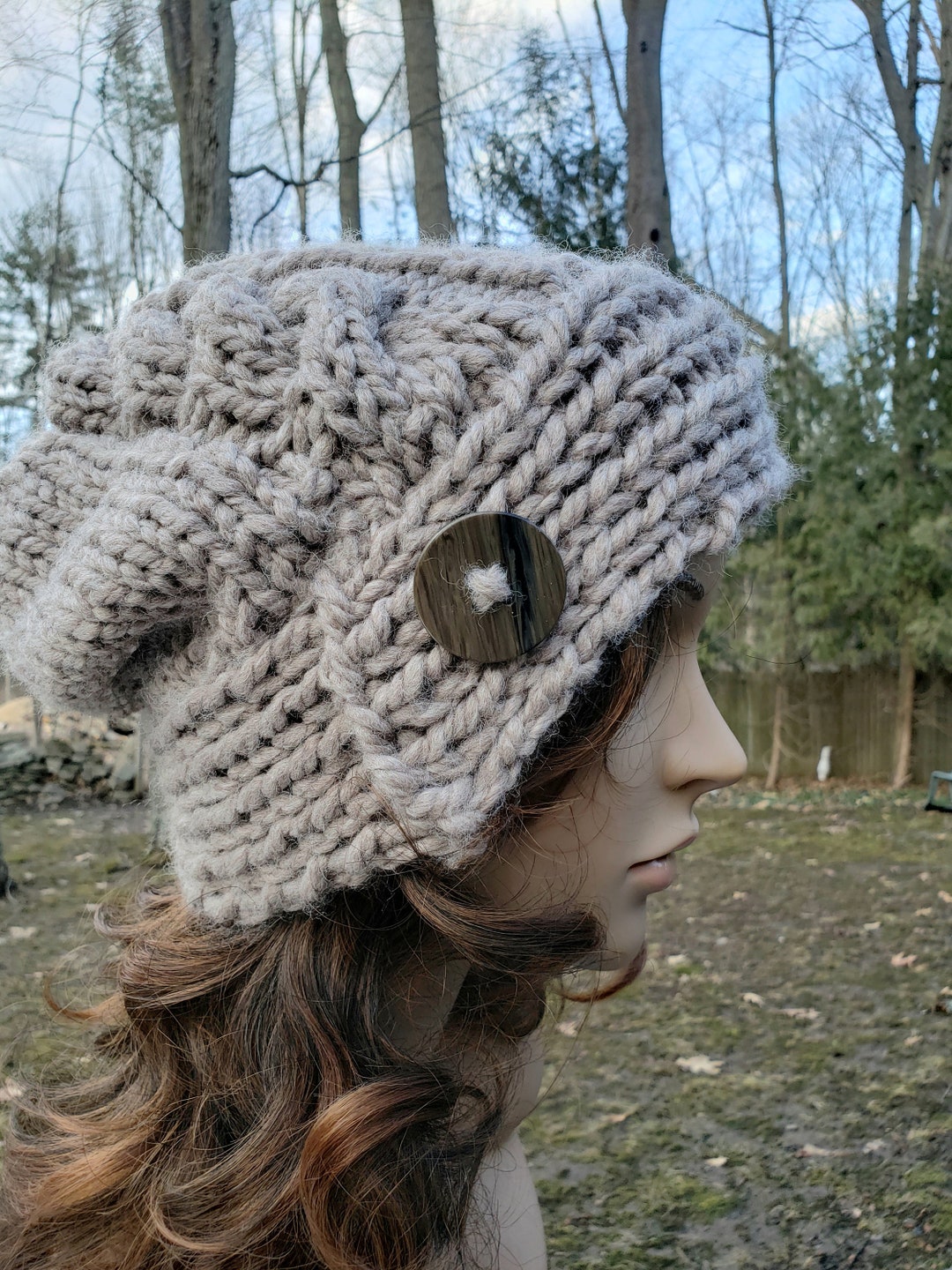 Button Brim Hat, Slouchy Hand Knit Adult Hat, Warm Winter Fall Hat ...
