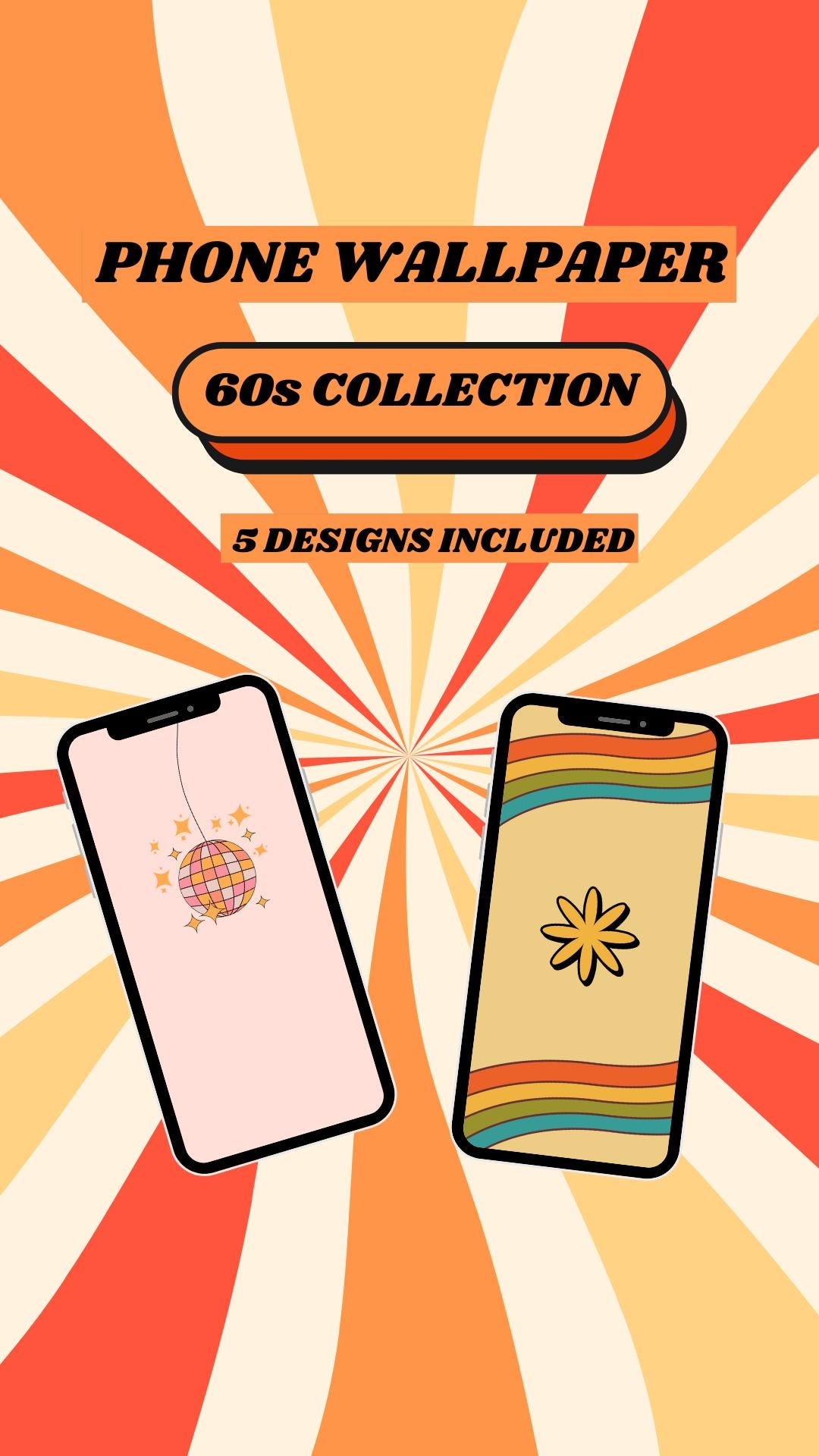 60s Retro Phone Wallpaper Set Instant Download, 5 Designs, Vintage ...