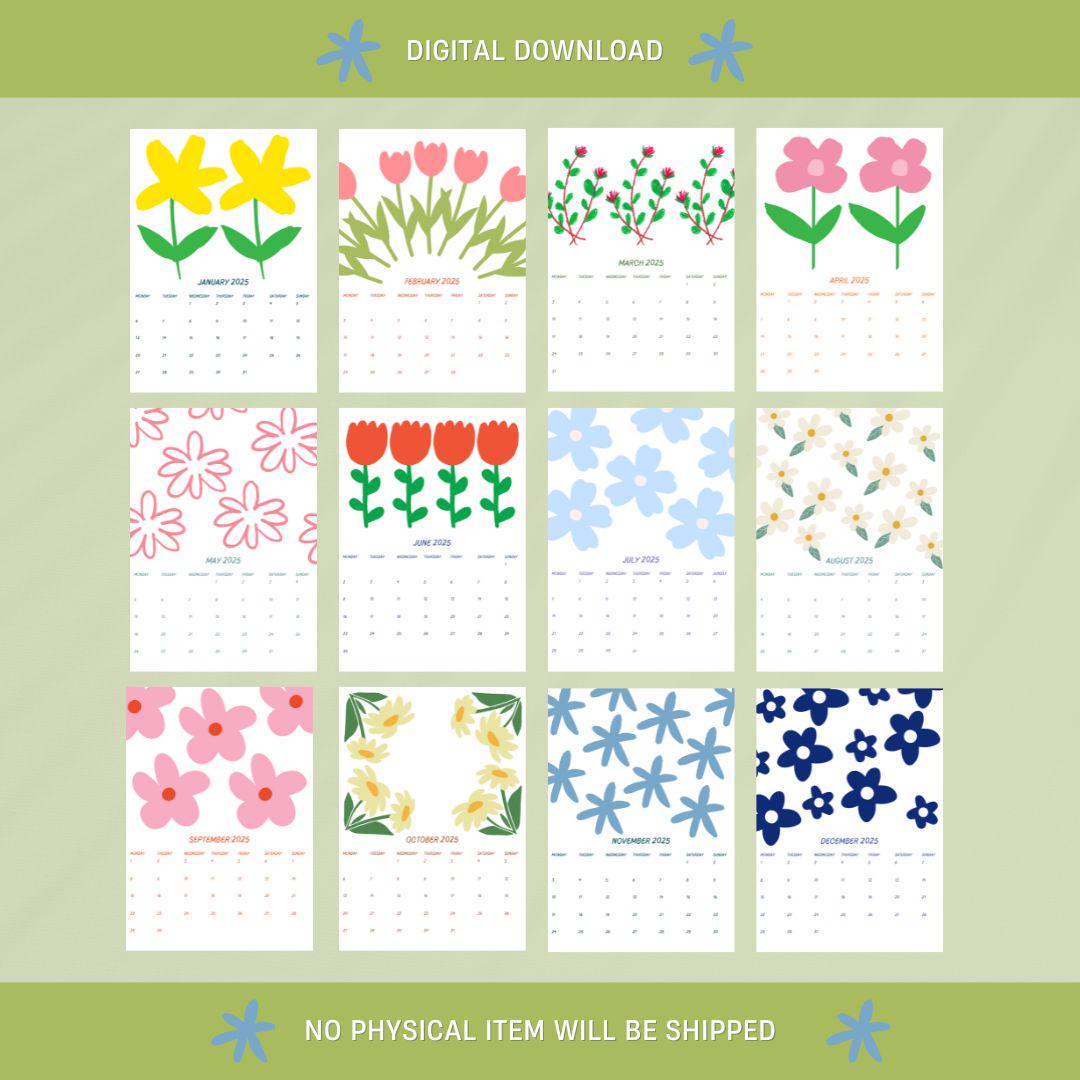 2025 Printable Flower Calendar – Cute Floral Wall Art PDF | Aesthetic ...