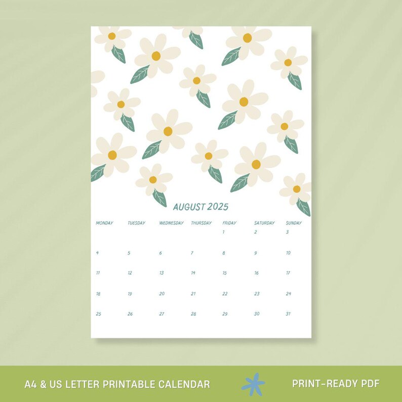 2025 Printable Flower Calendar – Cute Floral Wall Art PDF | Aesthetic ...