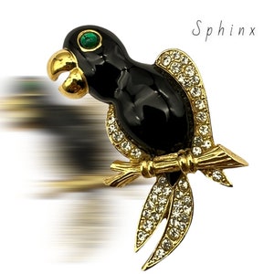 SPHINX Jeweled Parrot Bird Figural Pin Glossy Black Enamel W ...