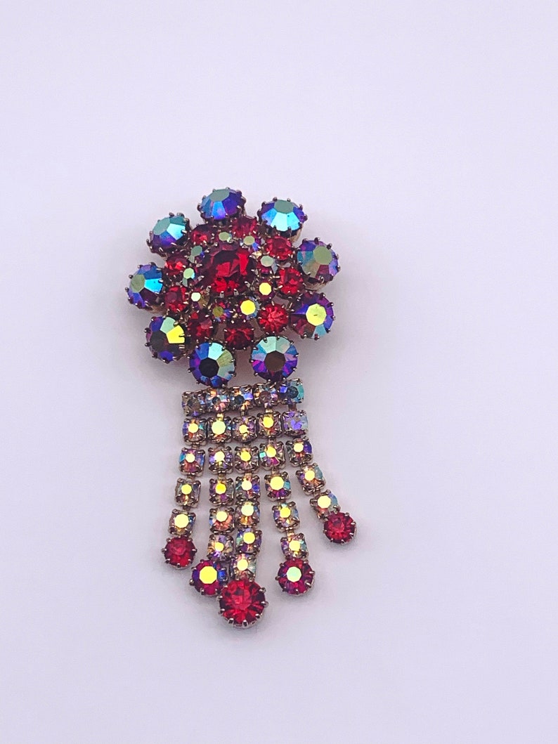 Vintage 1960's Rhinestone Dangle Brooch With Siam Red/red Cherry/ab ...