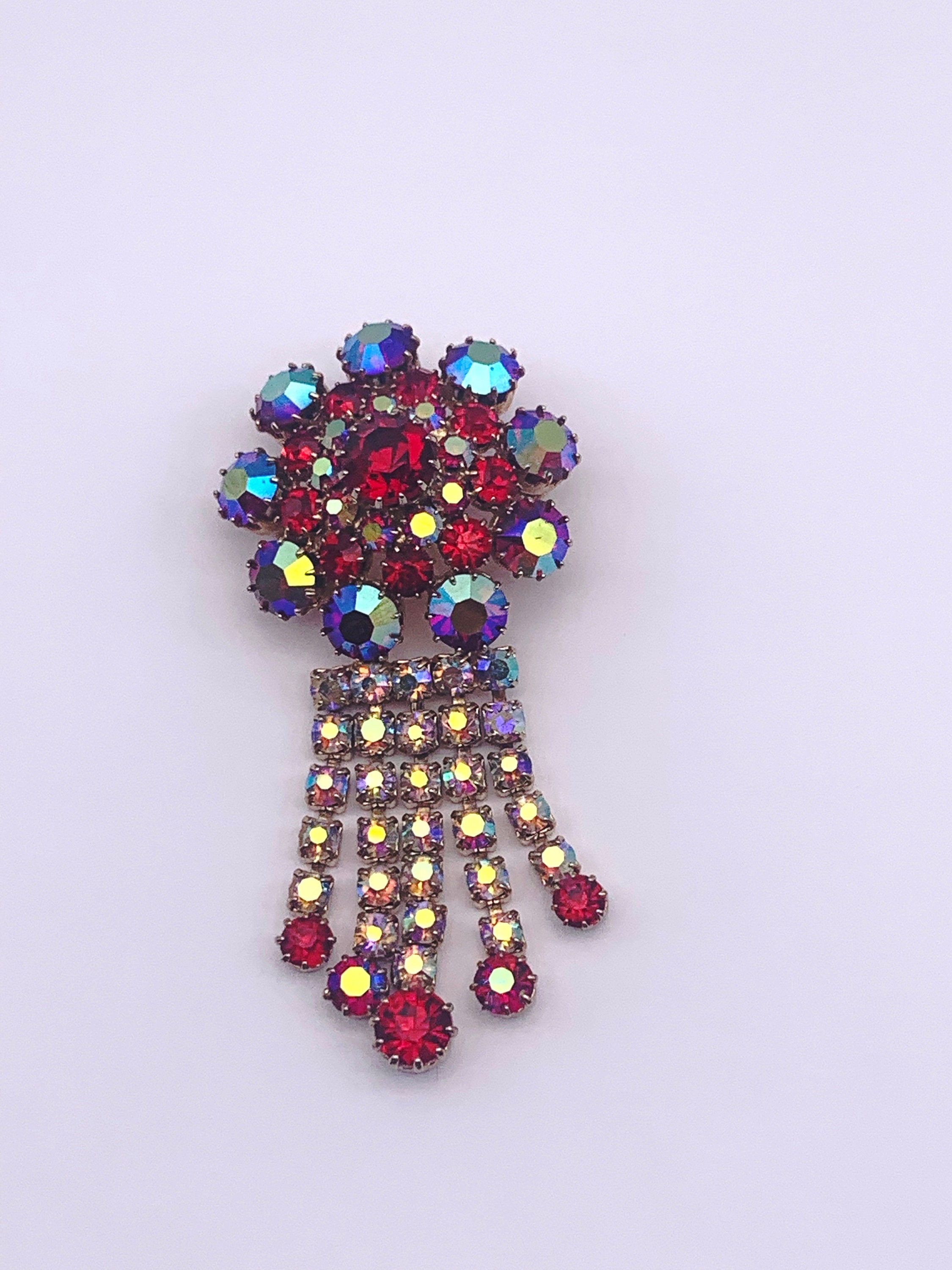 Vintage 1960's Rhinestone Dangle Brooch With Siam Red/red Cherry/ab ...