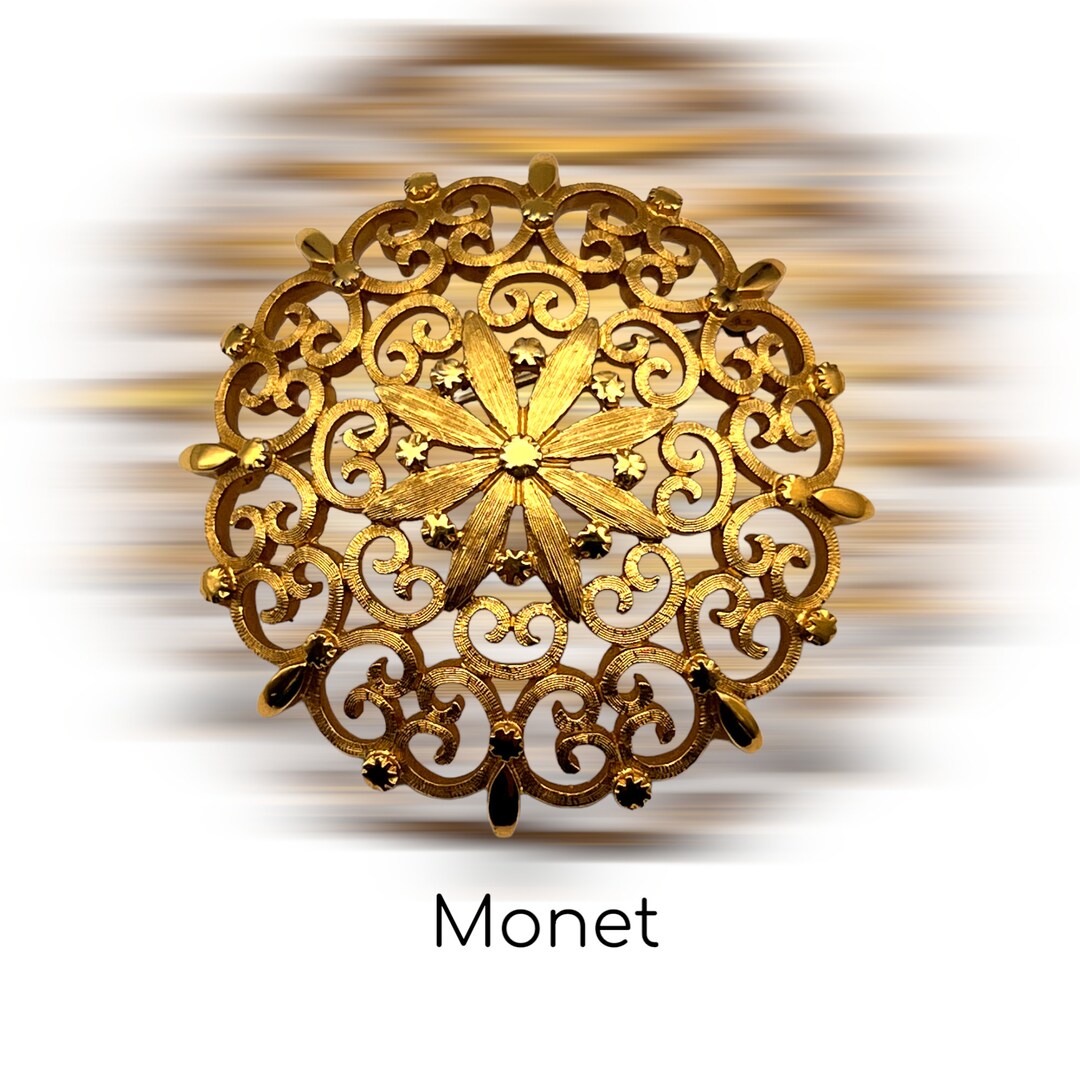 Vintage Monet Floral Medallion Brooch Scroll Open Work Gold Tone Flower ...