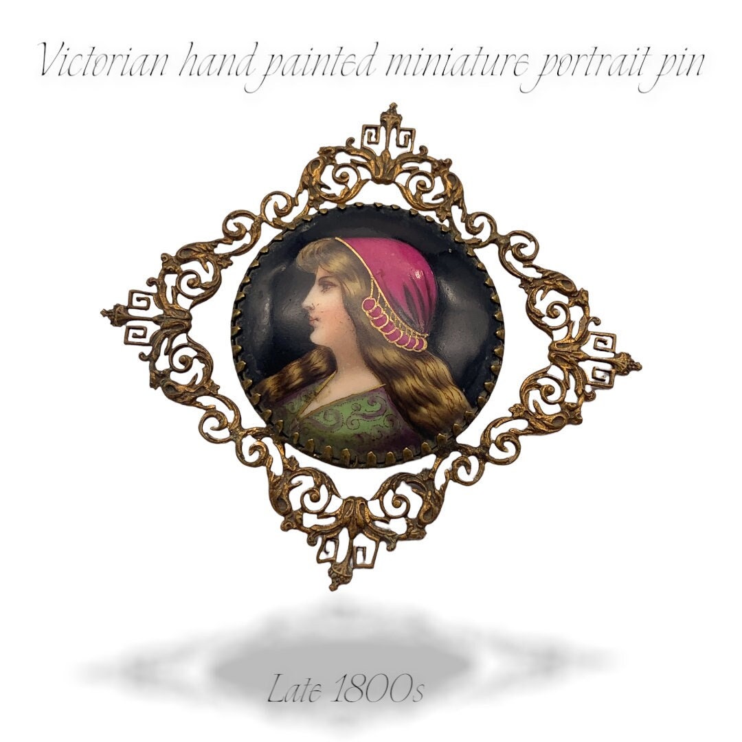 Late 1800s Victorian Hand Painted Miniature Portrait Antique Pin ...