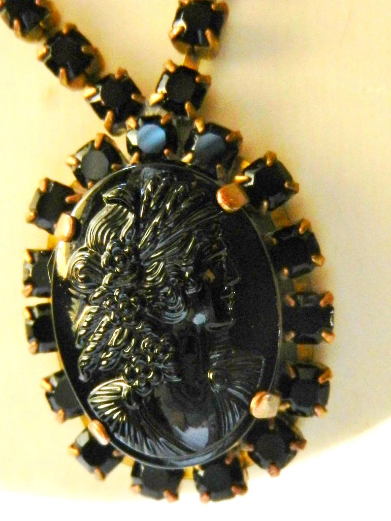 AMAZING Vtg Total Black Rhinestone Festoon glass cameo | Etsy
