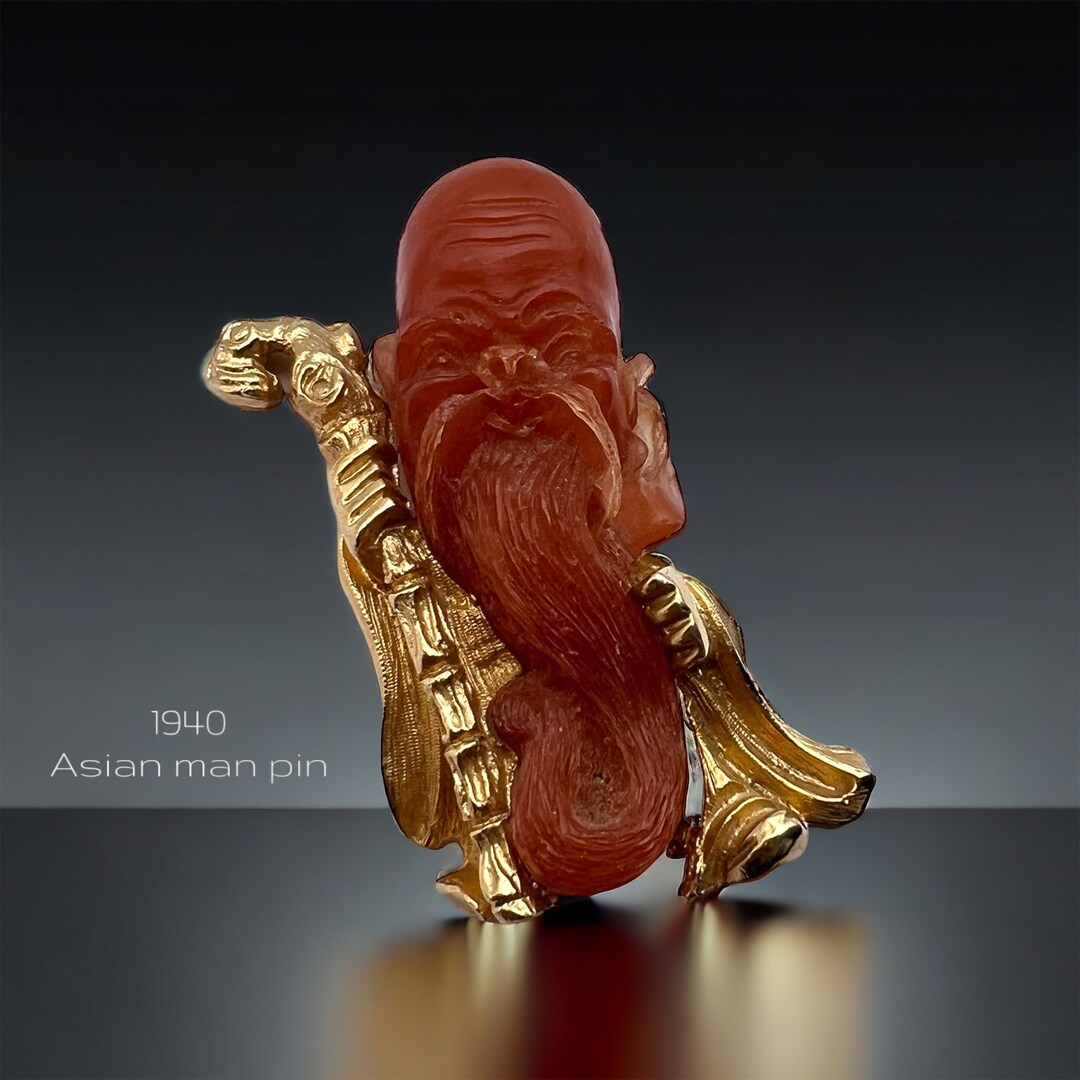 Rare Vtg Chinese Asian Old Wise Man With Long Staff Brooch Pin Faux ...