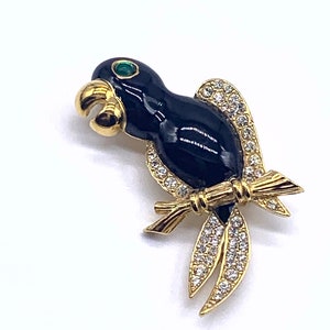 SPHINX Jeweled Parrot Bird Figural Pin Glossy Black Enamel W ...