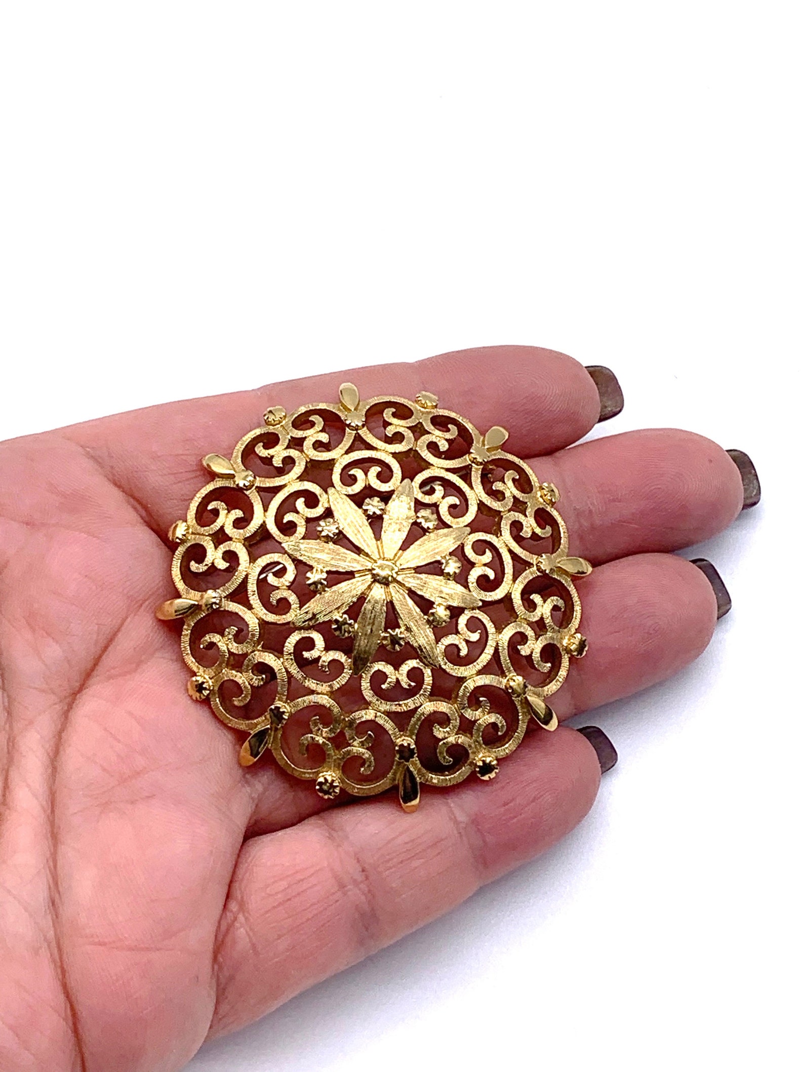 Vintage Monet Floral Medallion Brooch Scroll Open Work Gold Tone Flower ...