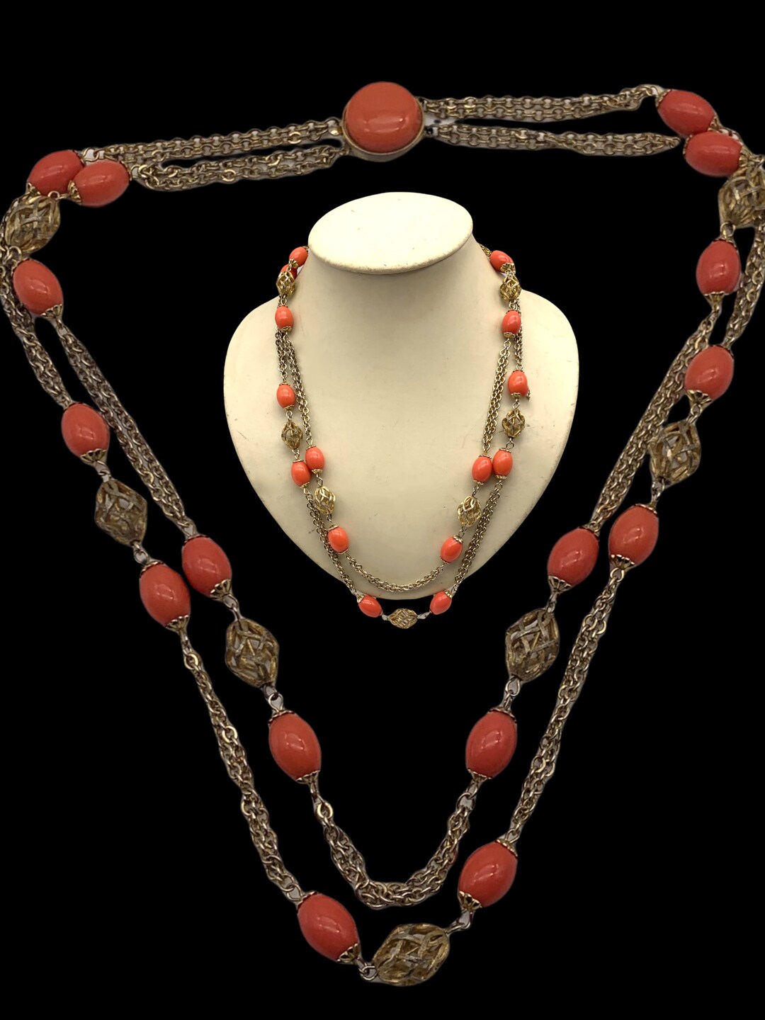 1960s Two Strand Chain Beaded Necklace - Beads in Salmon Color and Gold ...