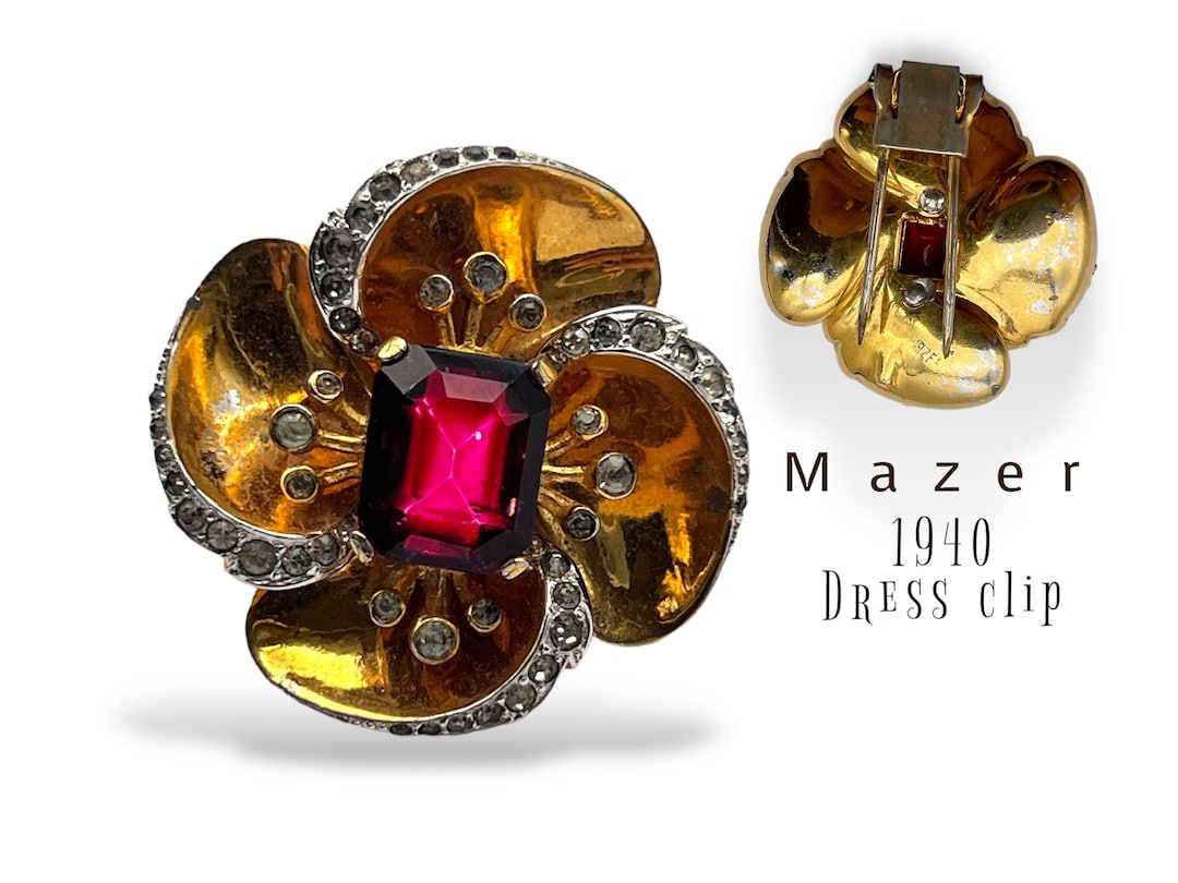 Vintage Mazer Gold and Silver Red Flower Dress/fur Clip With Diamante ...