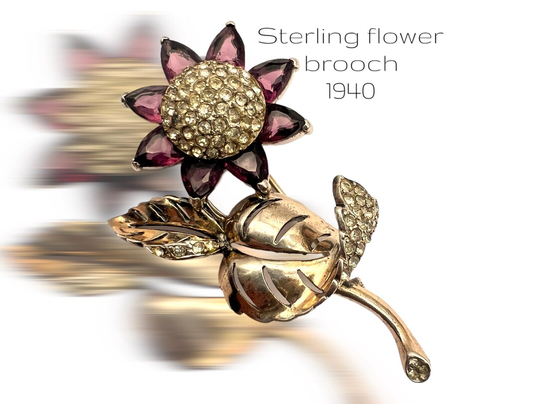Authentic Retro Antique Flower Design Brooch Vermeil Sterling and Red ...