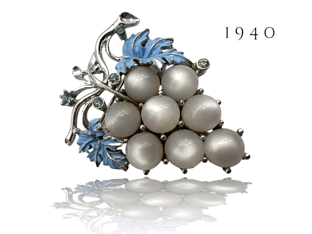 Soft Gray Bunch of Grapes Glass Moonstone With Blue Baby Enamel Leaves ...