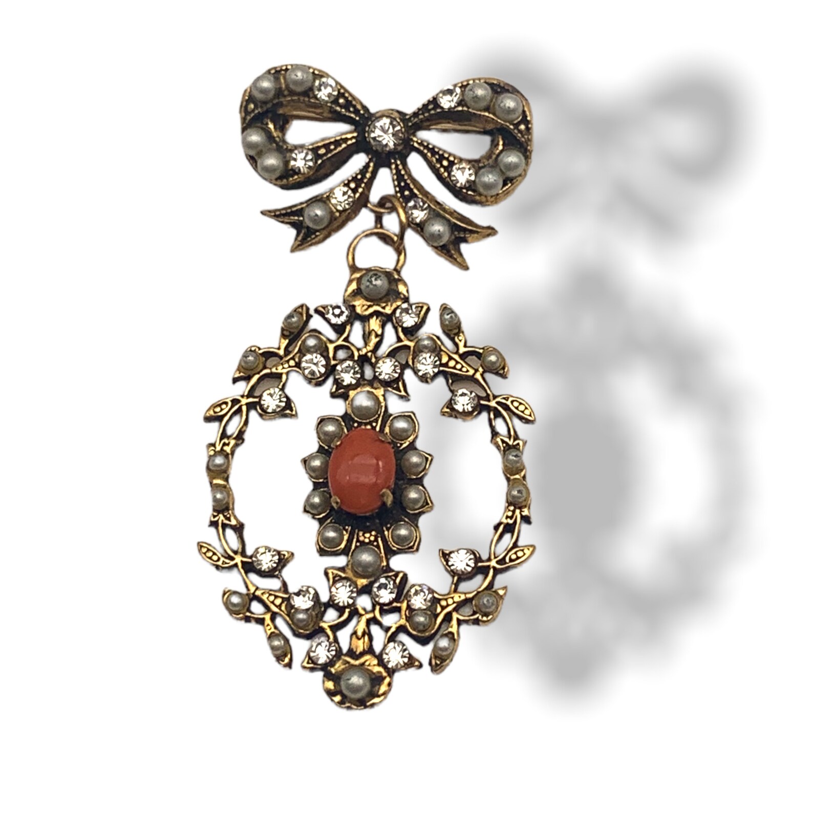 Gorgeous Edwardian Design Dangle Pendant Brooch W/real Red Coral Cab ...