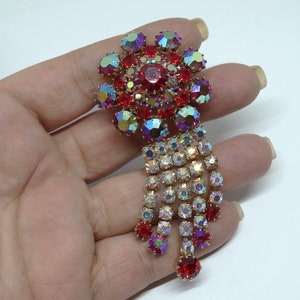 Vintage 1960's Rhinestone Dangle Brooch With Siam Red/red Cherry/ab ...