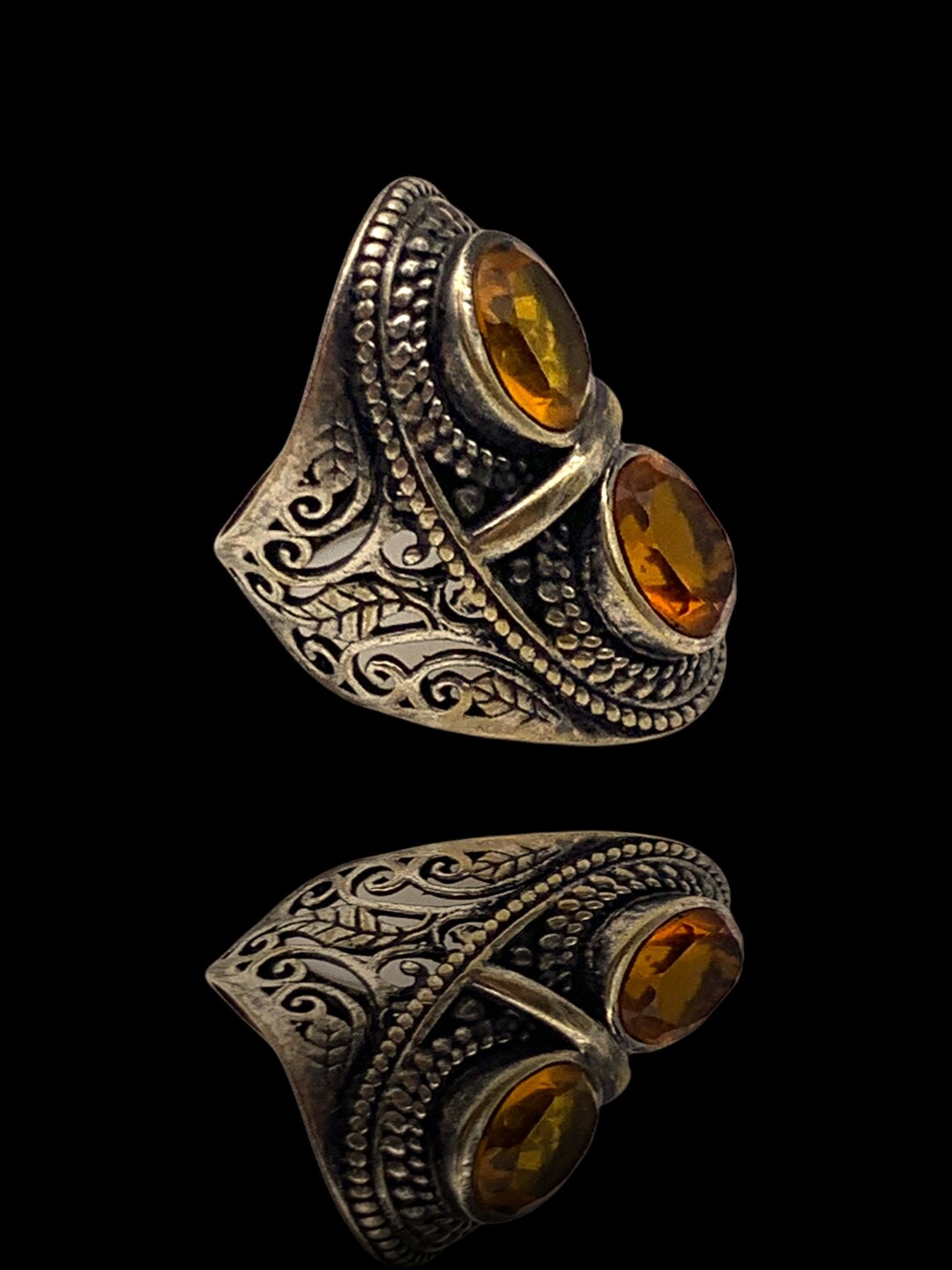 Double Oval Topaz Crystals Ring, 800 Silver, Vintage Ring, Long, Two ...