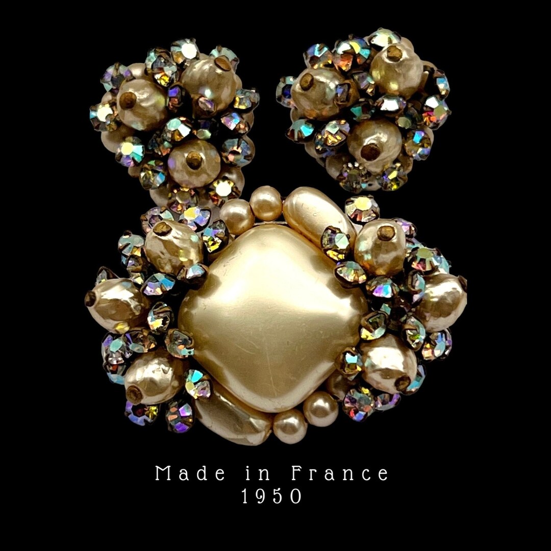 50s Rare Layered Cluster Baroque Pearls and AB Rhinestones Brooch ...