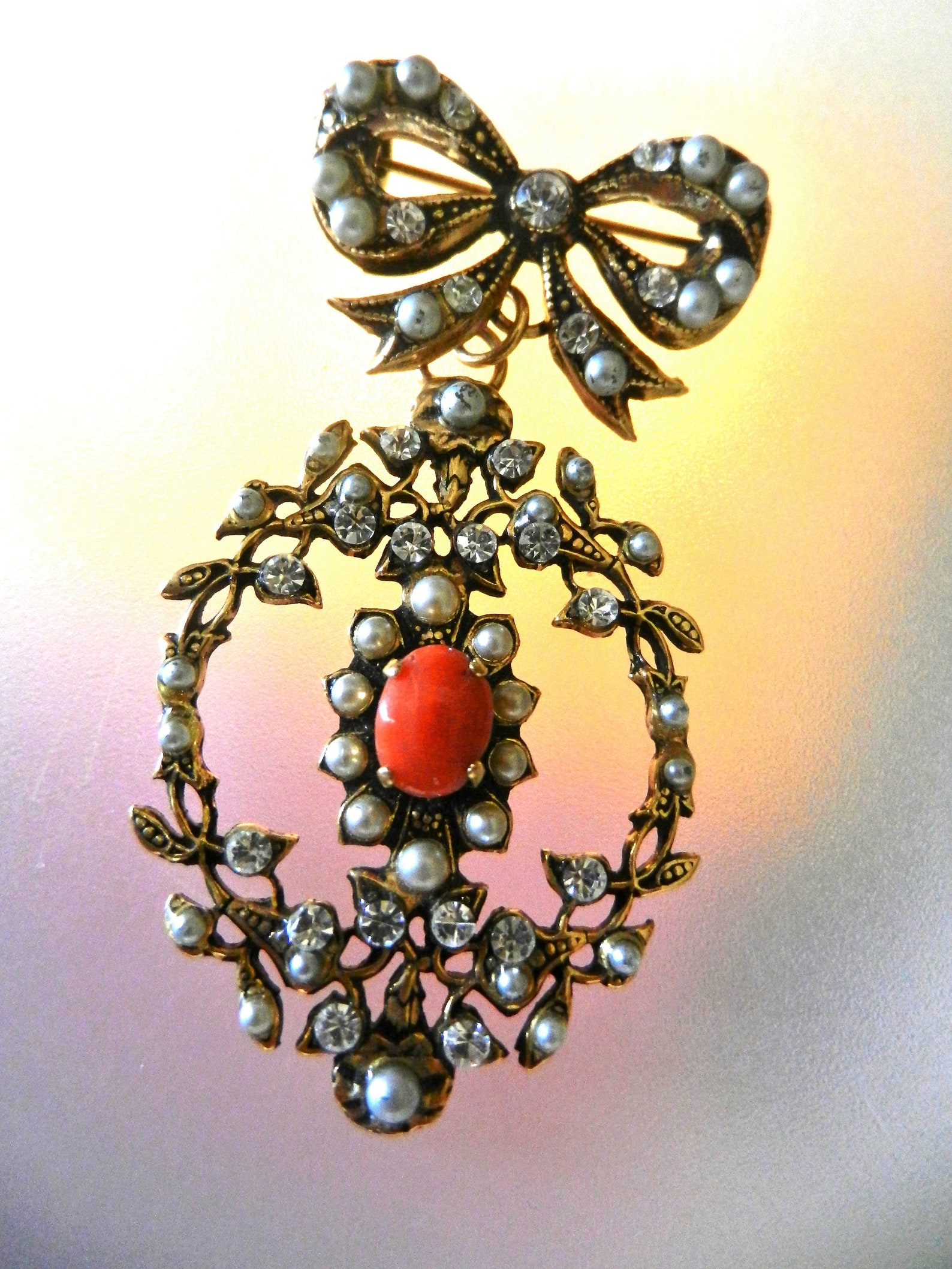 Gorgeous Edwardian Design Dangle Pendant Brooch W/real Red Coral Cab ...