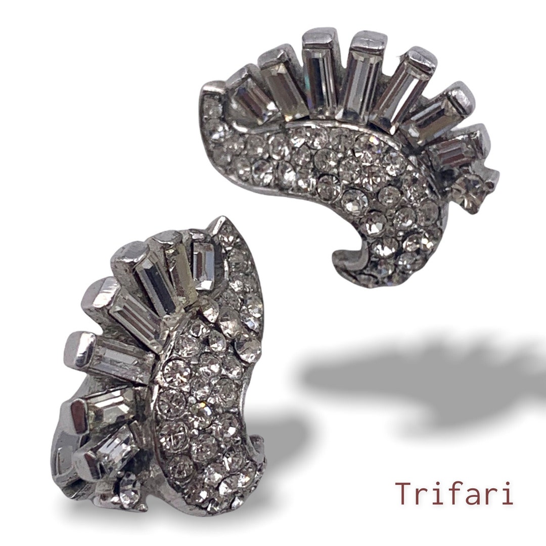 Early Crown Trifari Art Deco Rhinestone Earrings Vintage 1940s - Silver ...