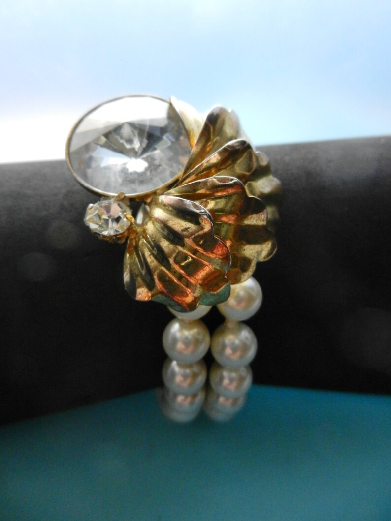 Luscious 2-strand Simulated Pearls Blazing Clasp Bracelet - Showy 70s ...