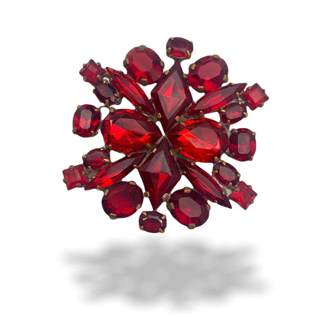 Super Sparkling CZECH Vtg Vibrant Red Glass Brooch - Unfoiled Bohemian ...