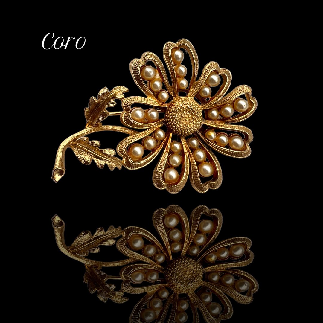 Vintage 1950s Coro Signed Flower With Pearls Brooch Simulated Ivory ...