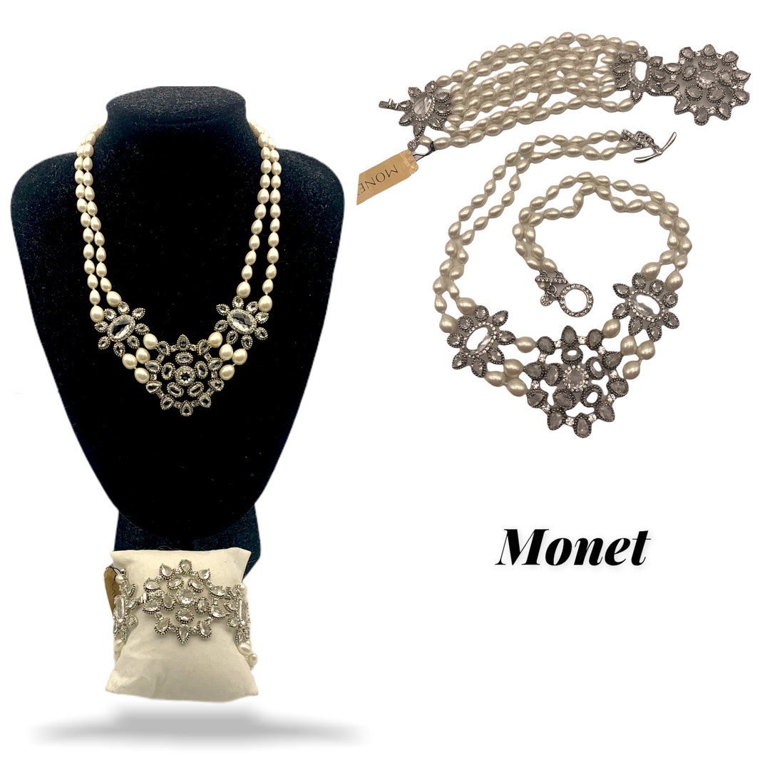 MONET Faux Pearl & Crystal Bridal Wedding Statement Jewelry Set ...