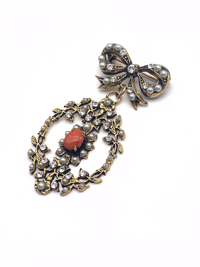 Gorgeous Edwardian Design Dangle Pendant Brooch W/real Red Coral Cab ...