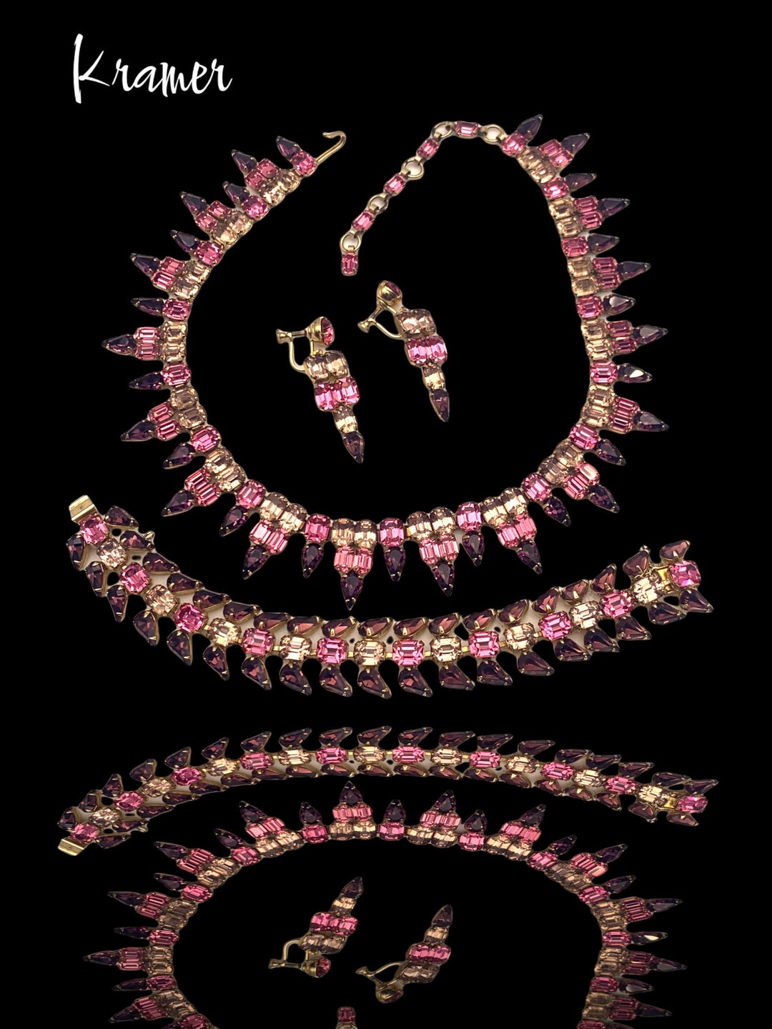 High-end and Rare Kramer of NY Purple Pink Necklace Bracelet & Earrings ...