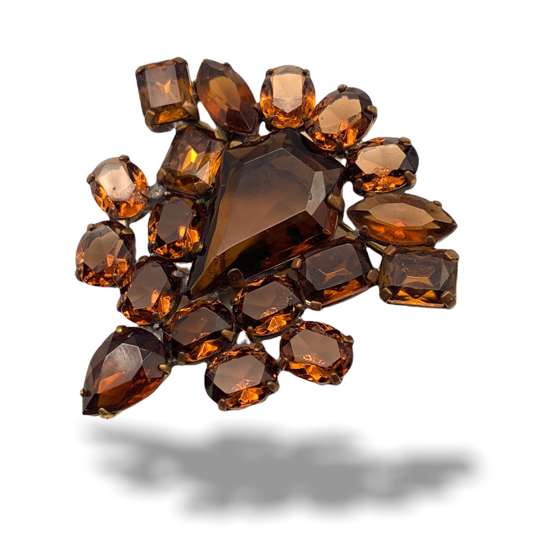 Super Sparkling CZECH Vtg Vibrant Dark Topaz Color Glass Brooch ...