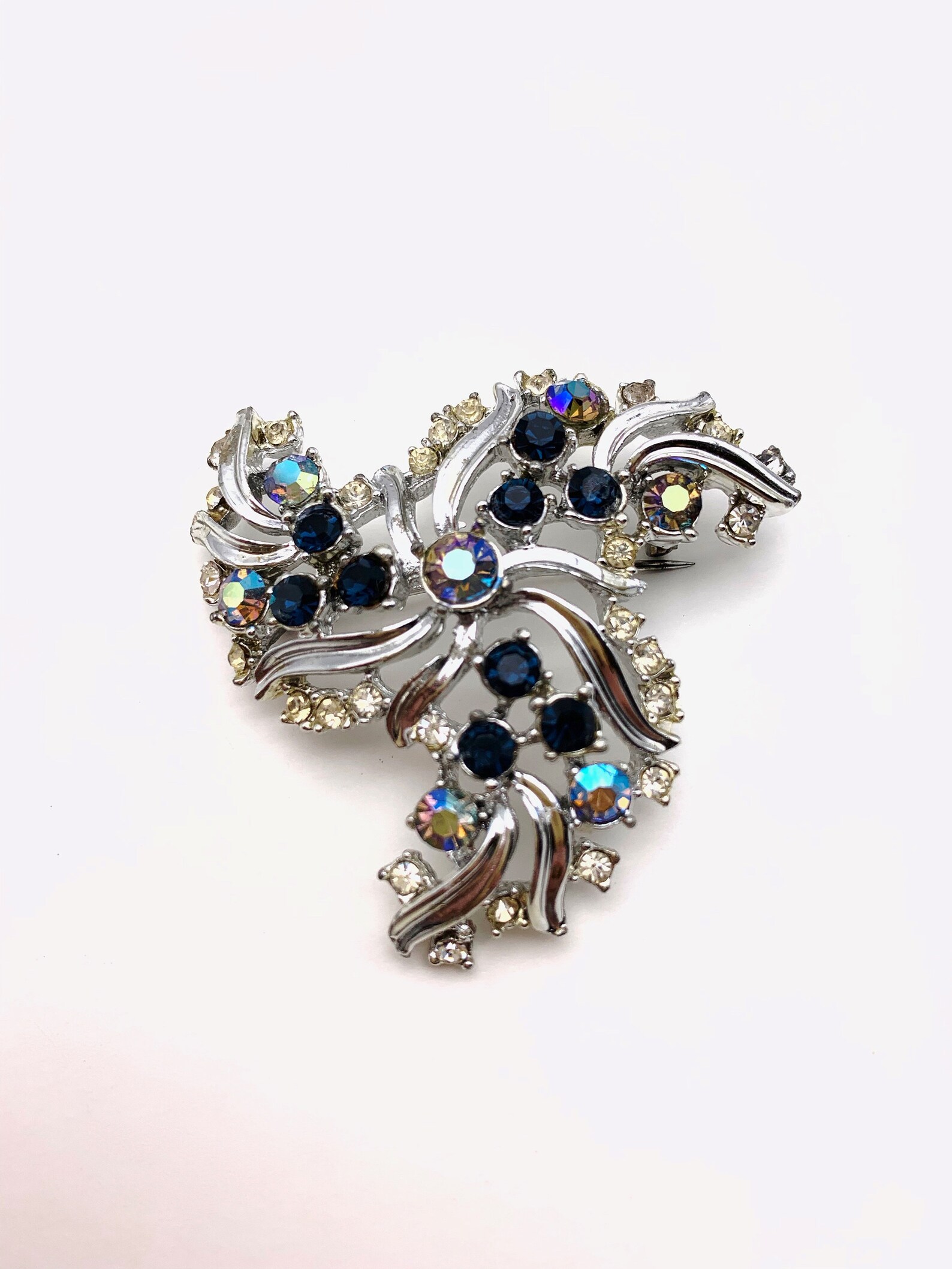 Middle Blue and AB Rhinestones Swirl Design Brooch Accentuated by Clear ...