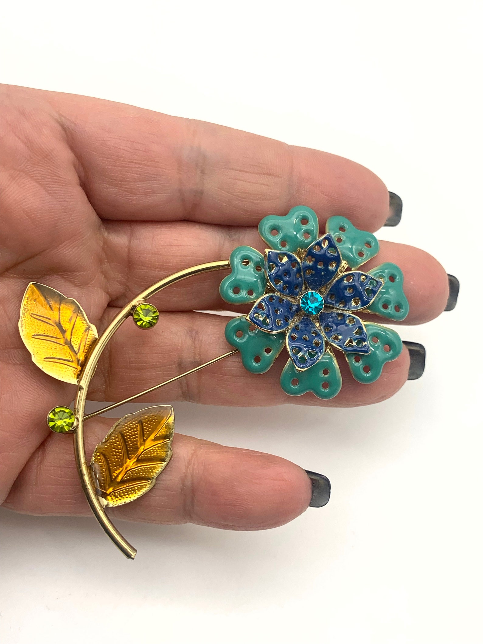 1960s Vintage FLOWER POWER Deep Blue & Turquoise Enamel - Flower Dahlia ...