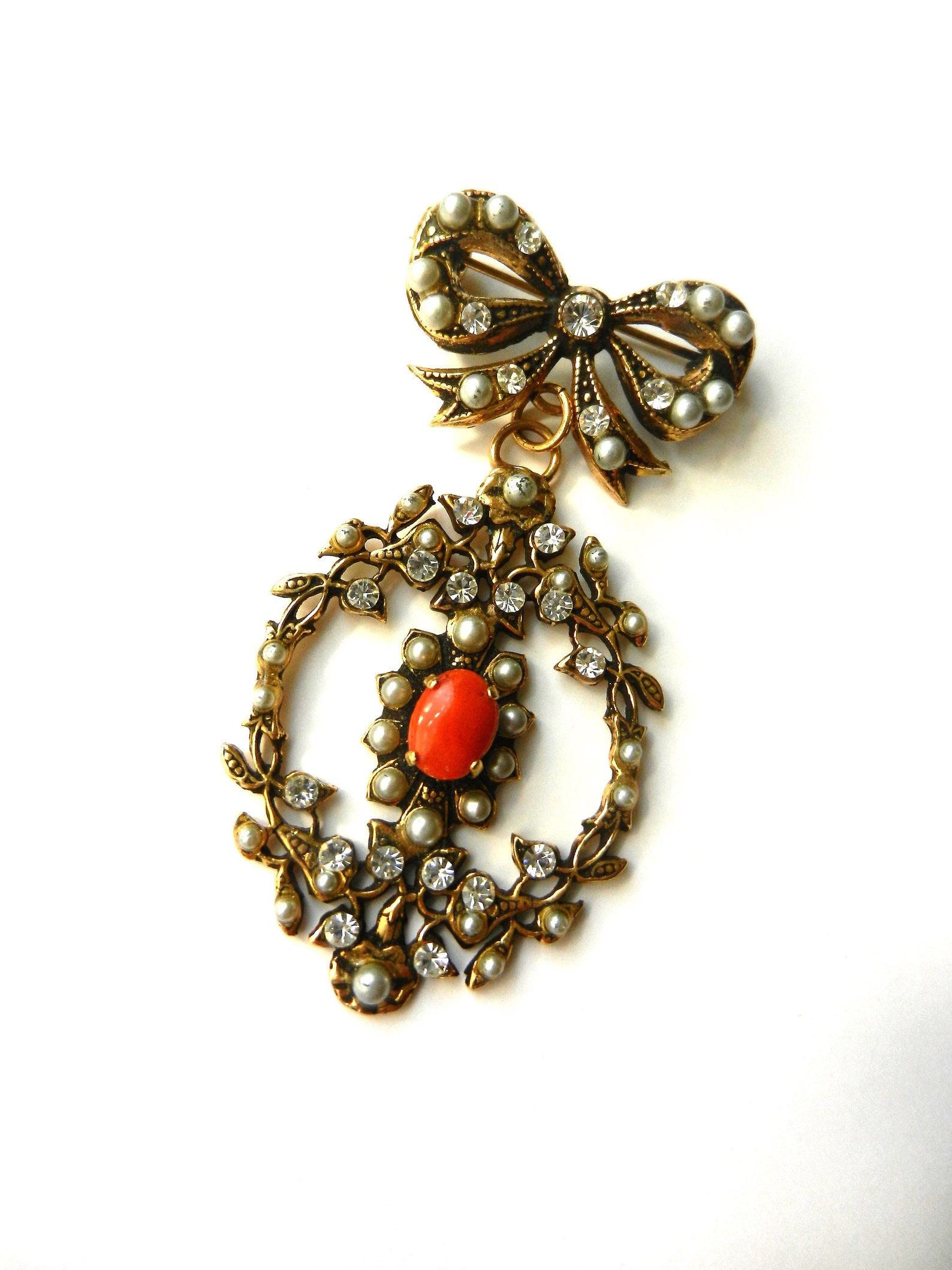 Gorgeous Edwardian Design Dangle Pendant Brooch W/real Red Coral Cab ...