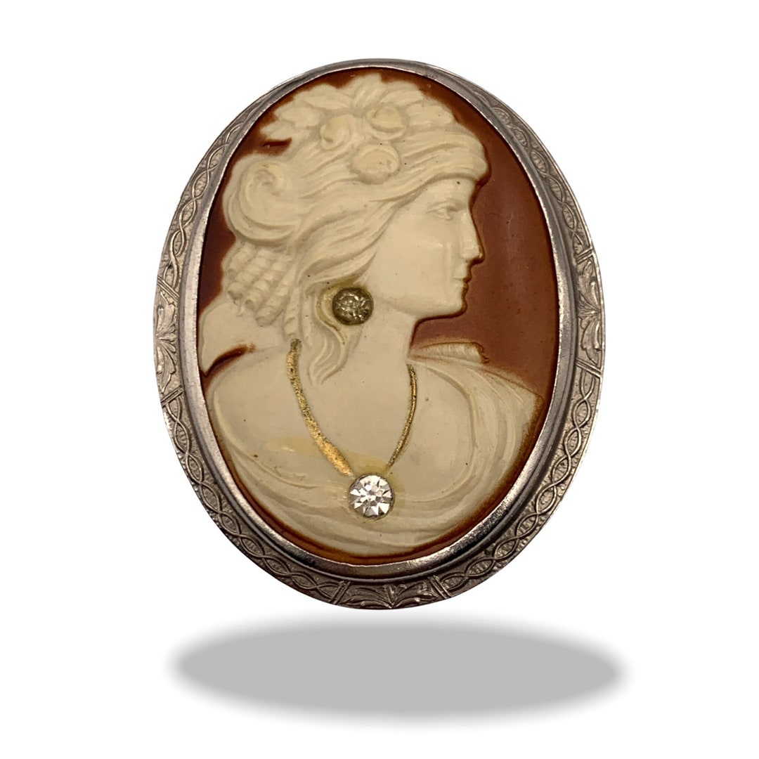 Molded Celluloid Jeweled Cameo W/ Engraved Silver Tone Frame - Nice ...