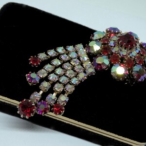 Vintage 1960's Rhinestone Dangle Brooch With Siam Red/red Cherry/ab ...
