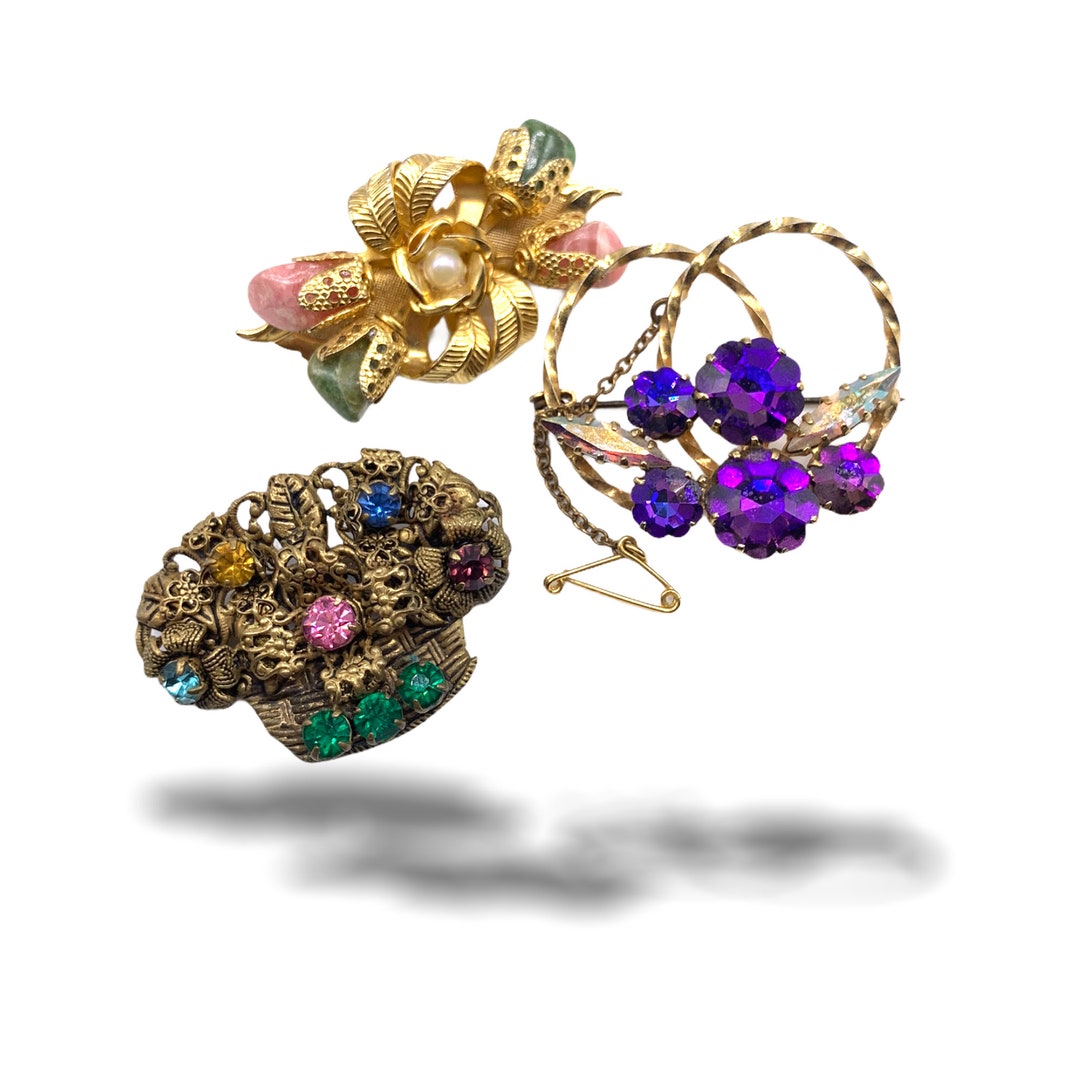 Spectacular Trio of Antique European Brooches - Semi-precious Stones ...