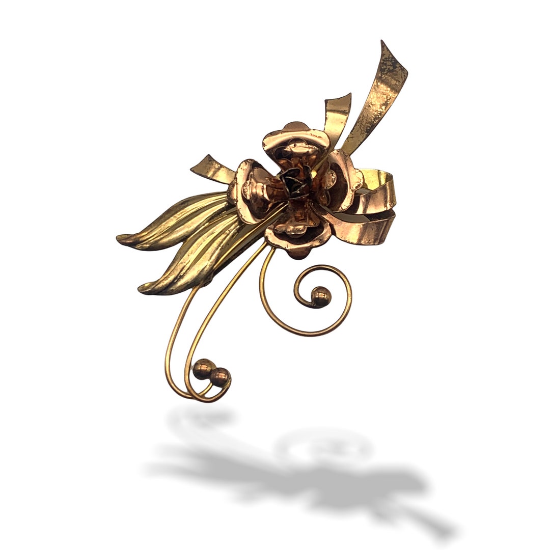 Harry Iskin 40's Gold Filled Floral Pin - Spray Bouquet in Rose and ...