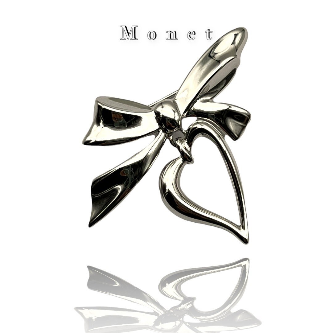 Vintage Monet Bow Dangle Heart Silver Tone Pin Brooch - Elegant ...
