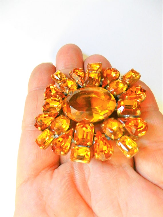 Sparkling CZECH Vtg Vibrant Orange/Topaz Glass Brooch… - Gem