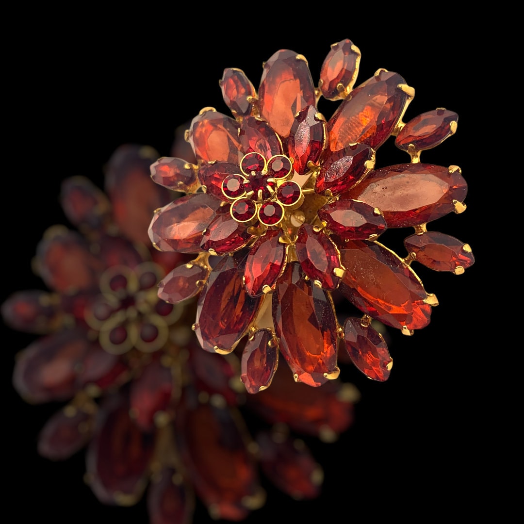 Resplendent Vintage Ruby Red Art Glass and Rhinestones Flower Brooch, 3 ...