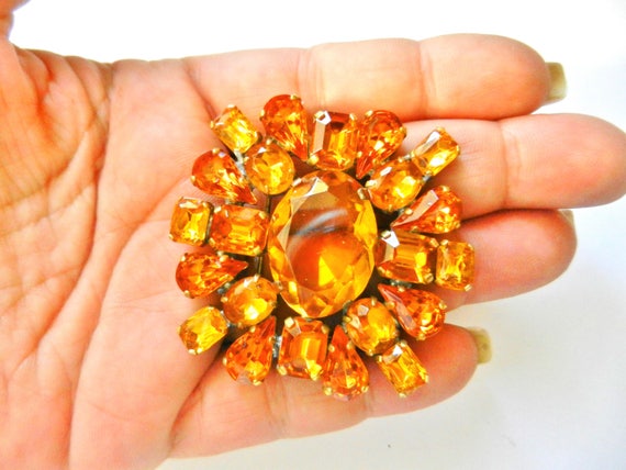 Sparkling CZECH Vtg Vibrant Orange/Topaz Glass Brooch… - Gem