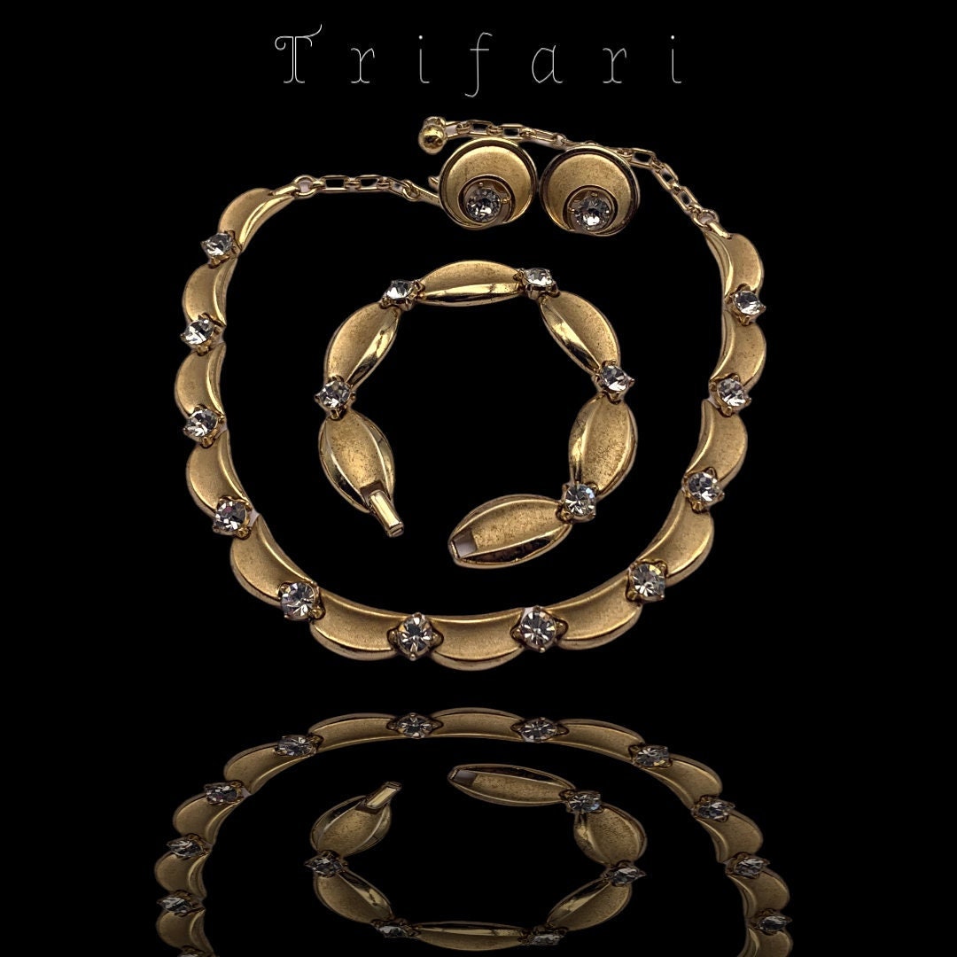 1955s Trifari Clear Rhinestone Necklace, Earrings & Bracelet, Glamorous ...