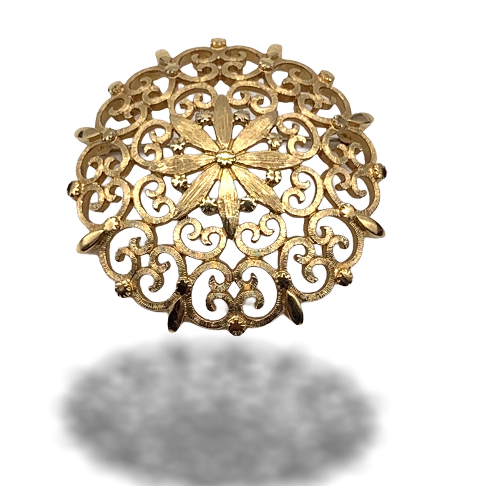 Vintage Monet Floral Medallion Brooch Scroll Open Work Gold Tone Flower ...
