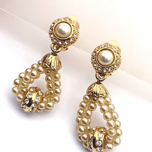 Stunning Design Simulated Pearls Earrings and Clear Rhinestones 2 Long ...