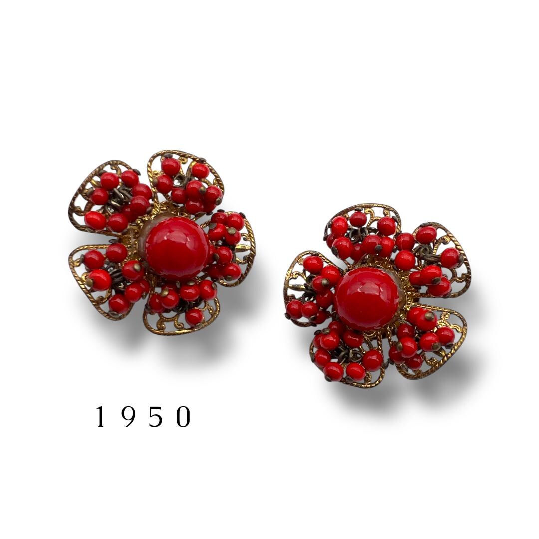 Vintage Amazing Cha Cha Red Flower Clip on Earrings -haskell Style Gold ...