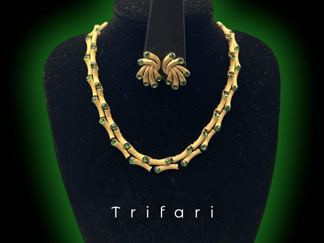 Vintage Trifari Bamboo Design Link Green Rhinestone Necklace & Earring ...
